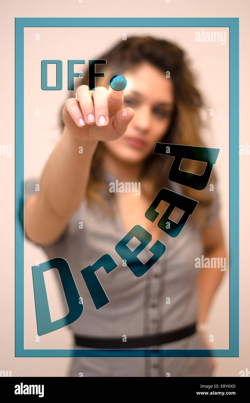 young woman turning off Dread on screen Stock Photo - Alamy