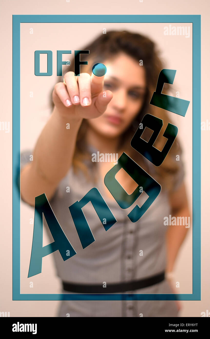 young woman turning off Anger on screen Stock Photo - Alamy