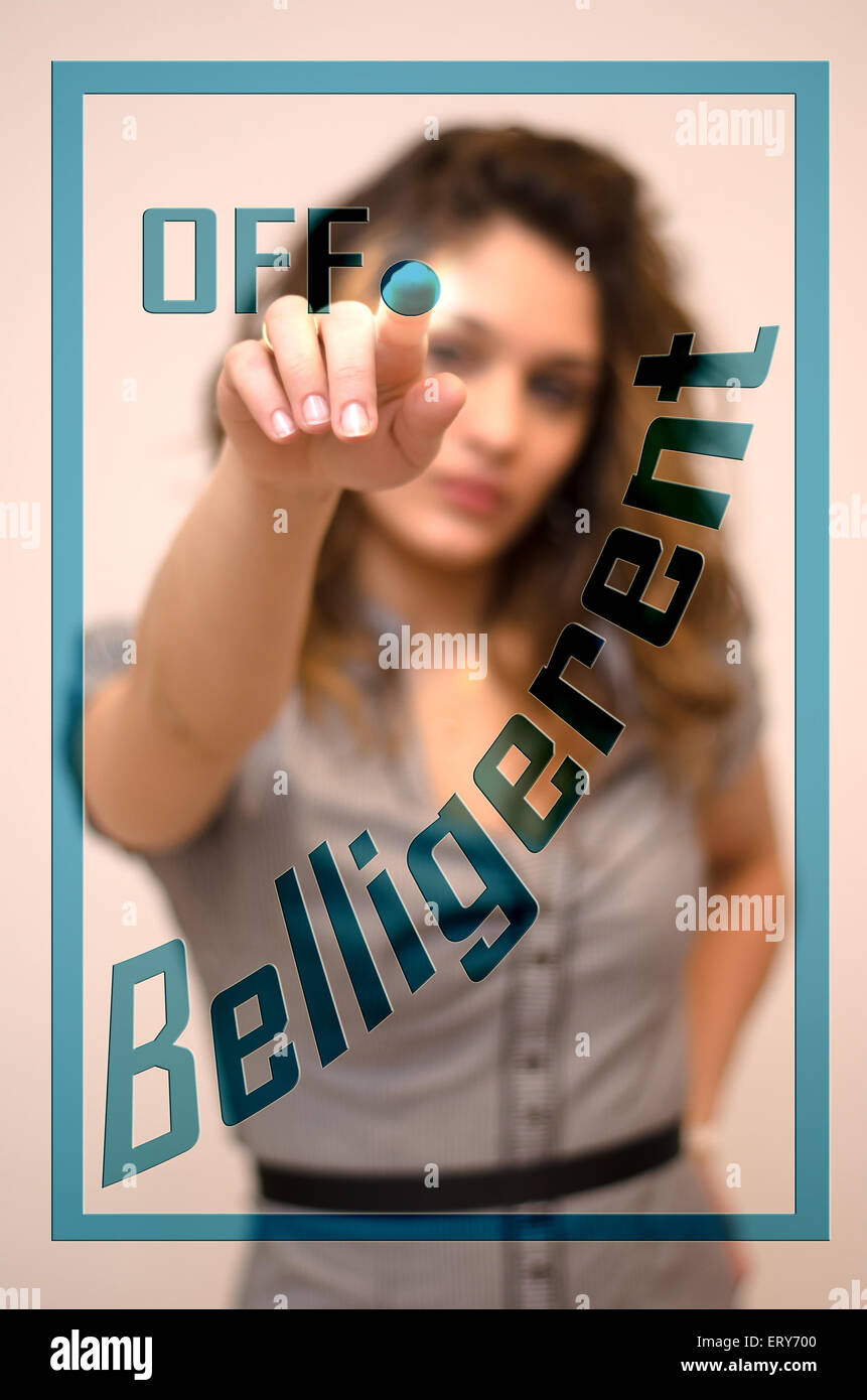 young woman turning off Belligerent on screen Stock Photo - Alamy