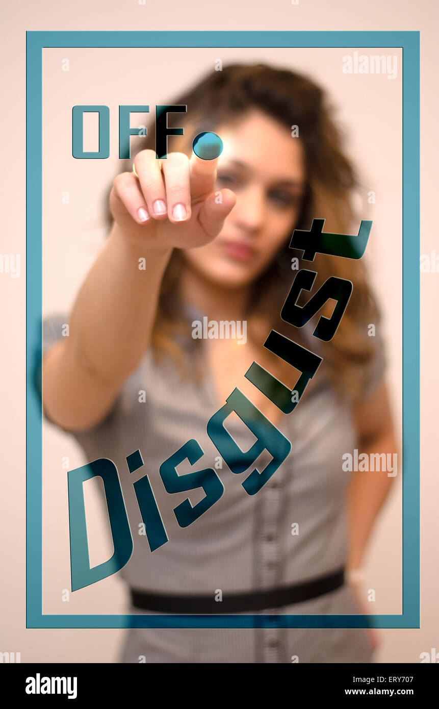 young woman turning off Disgust on screen Stock Photo - Alamy