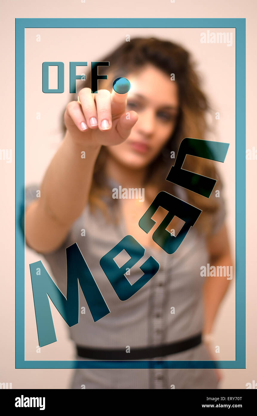 young woman turning off Mean on screen Stock Photo - Alamy