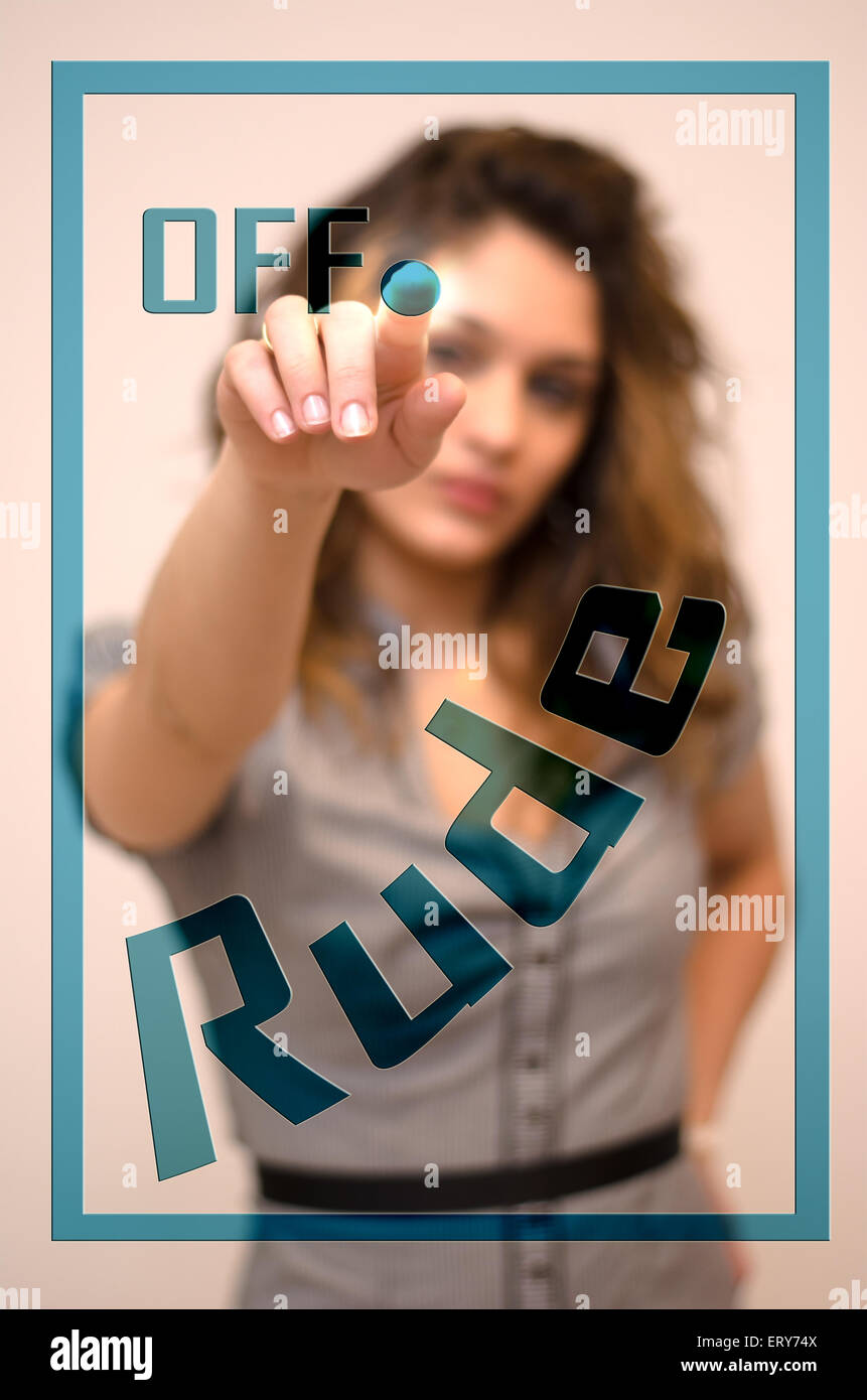 young woman turning off Rude on screen Stock Photo - Alamy