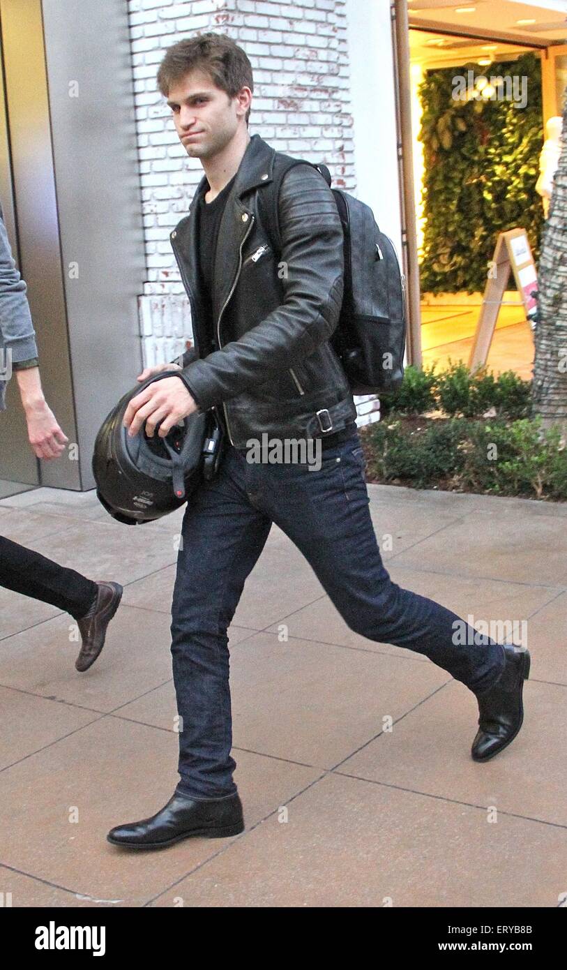 Actor Keegan Allen goes shopping at The Grove wearing a black leather ...