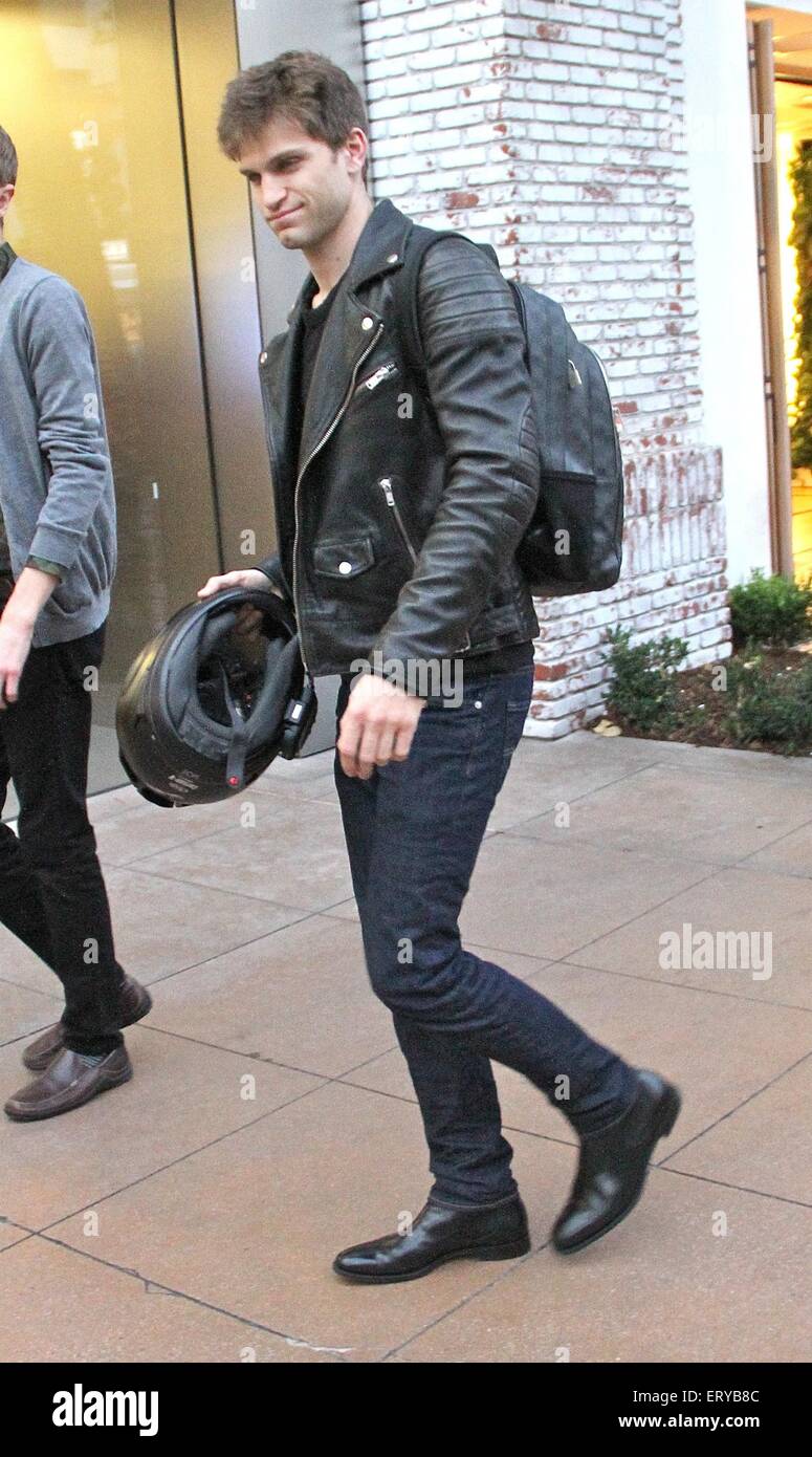 Actor Keegan Allen goes shopping at The Grove wearing a black leather ...