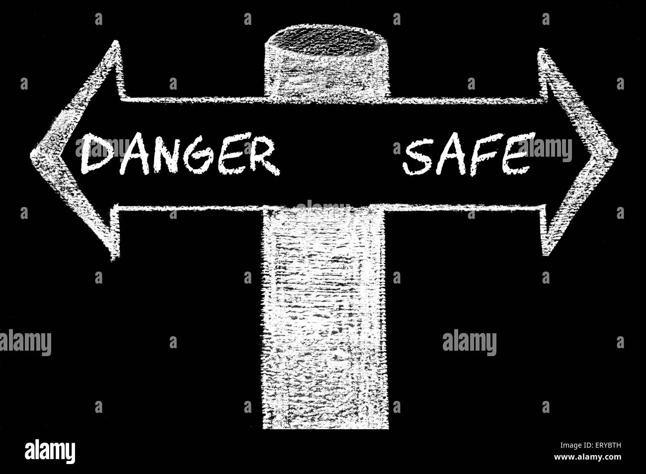 Opposite arrows with Danger versus Safe. Hand drawing with chalk on ...