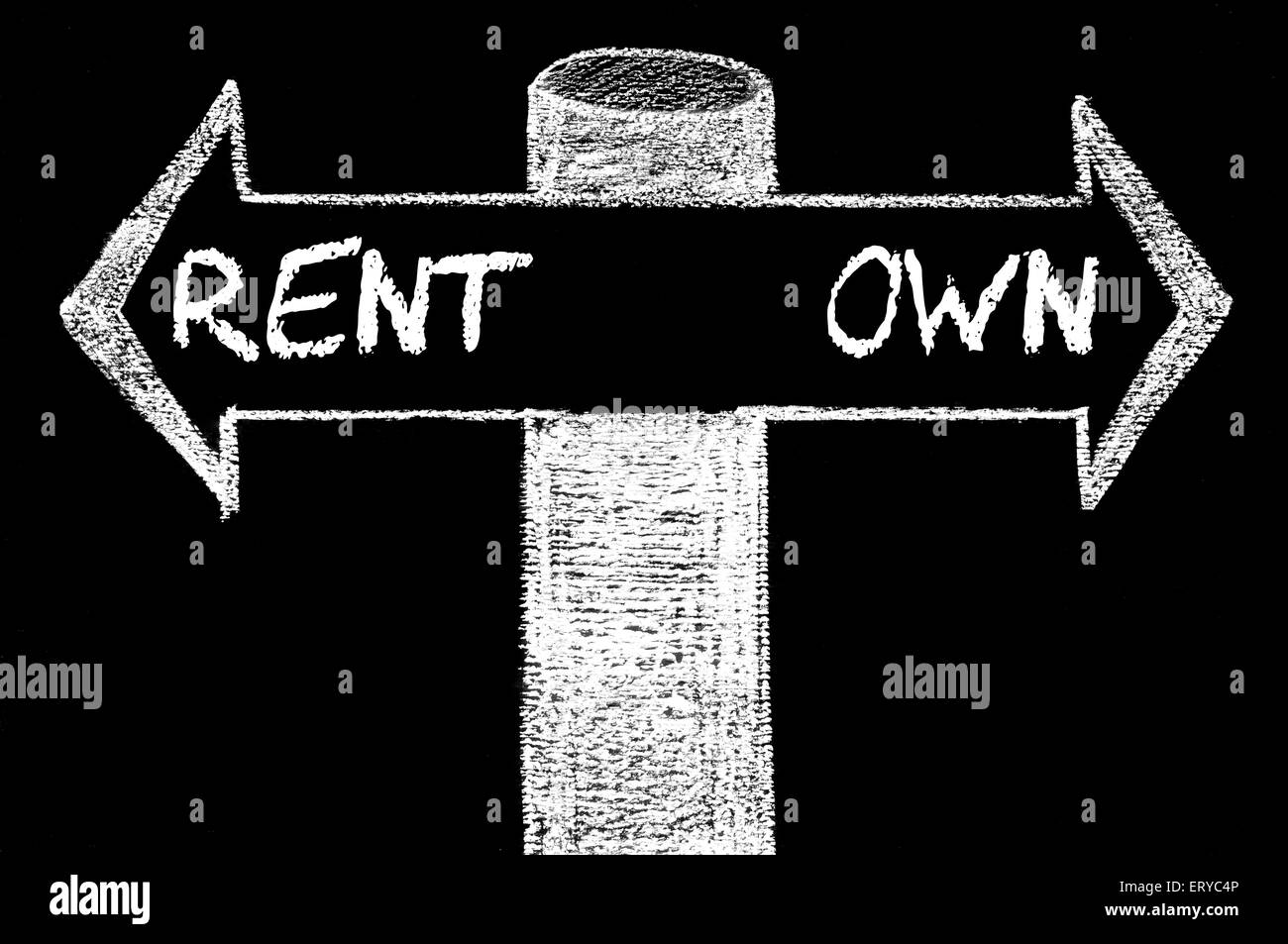 Opposite arrows with Rent versus Own. Hand drawing with chalk on ...