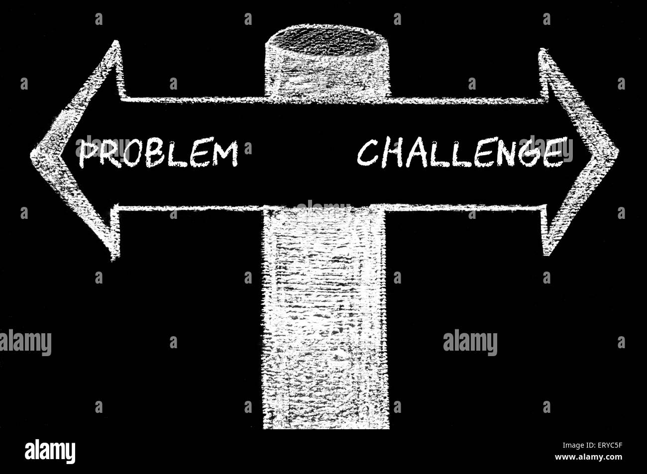 Opposite arrows with Problem versus Challenge. Hand drawing with chalk ...