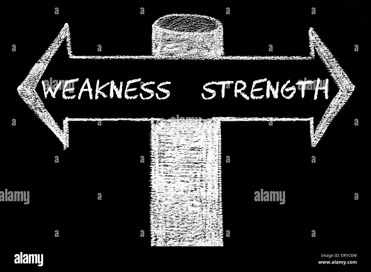 Opposite arrows with Weakness versus Strength. Hand drawing with chalk ...