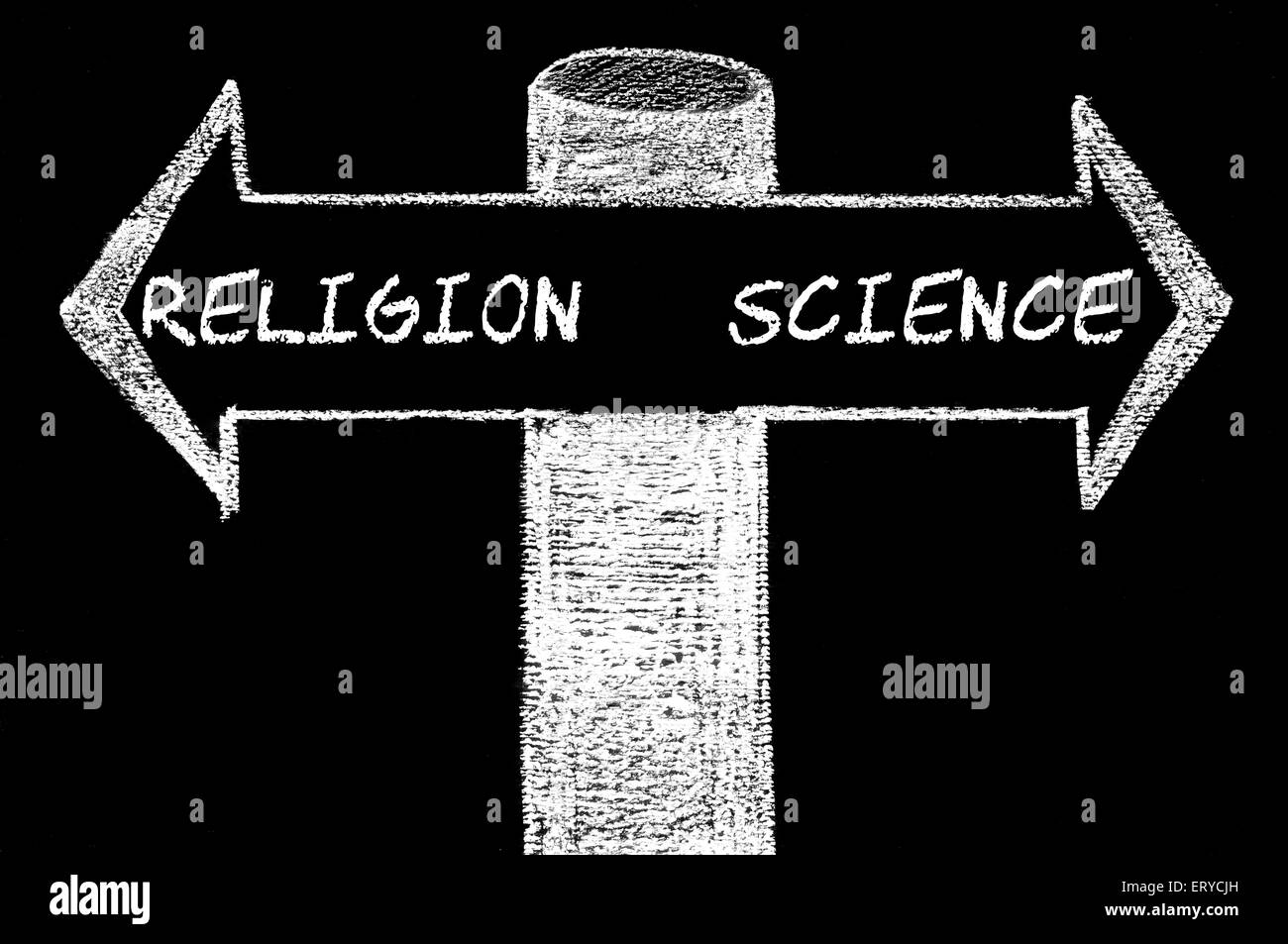 Opposite arrows with Religion versus Science. Hand drawing with chalk ...