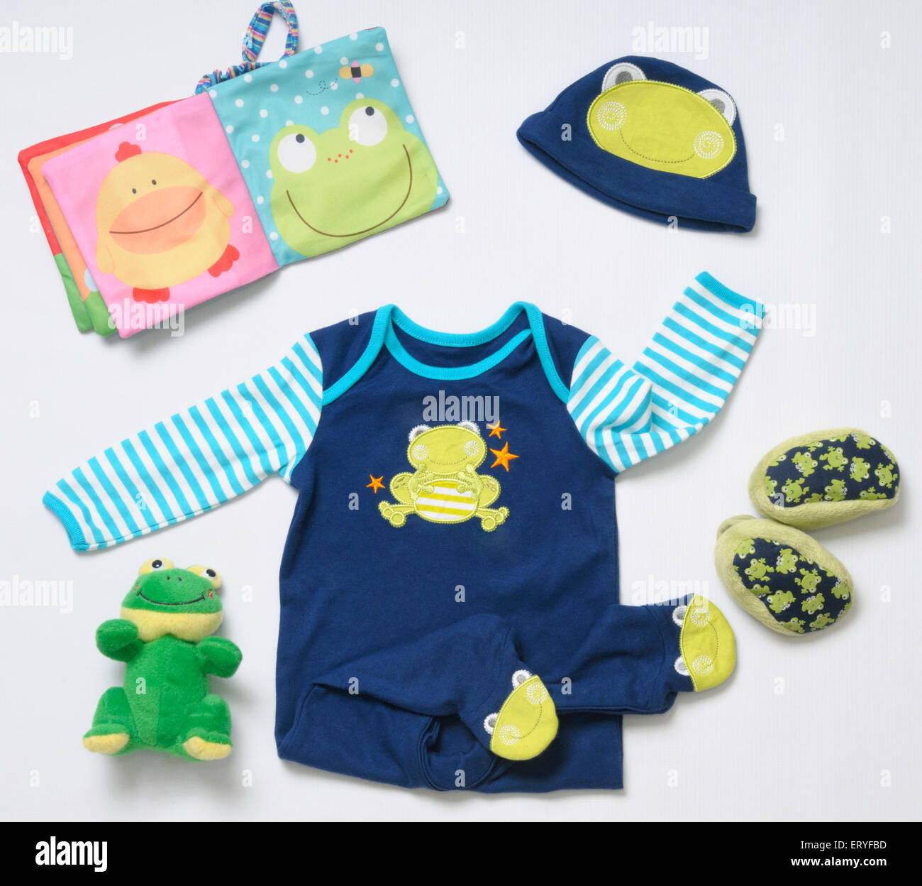 top view fashion trendy look of baby clothes and toy stuff, baby ...