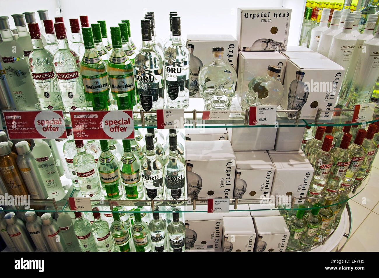Shelf with vodka bottles, Dubai International Airport, Dubai, United ...