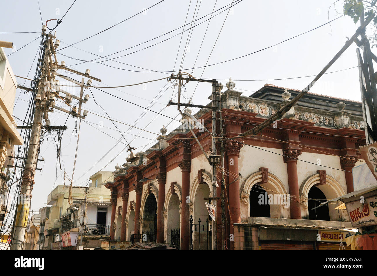 Electric pole and wires in bhuj market ; Kutch ; Gujarat ; India Stock ...