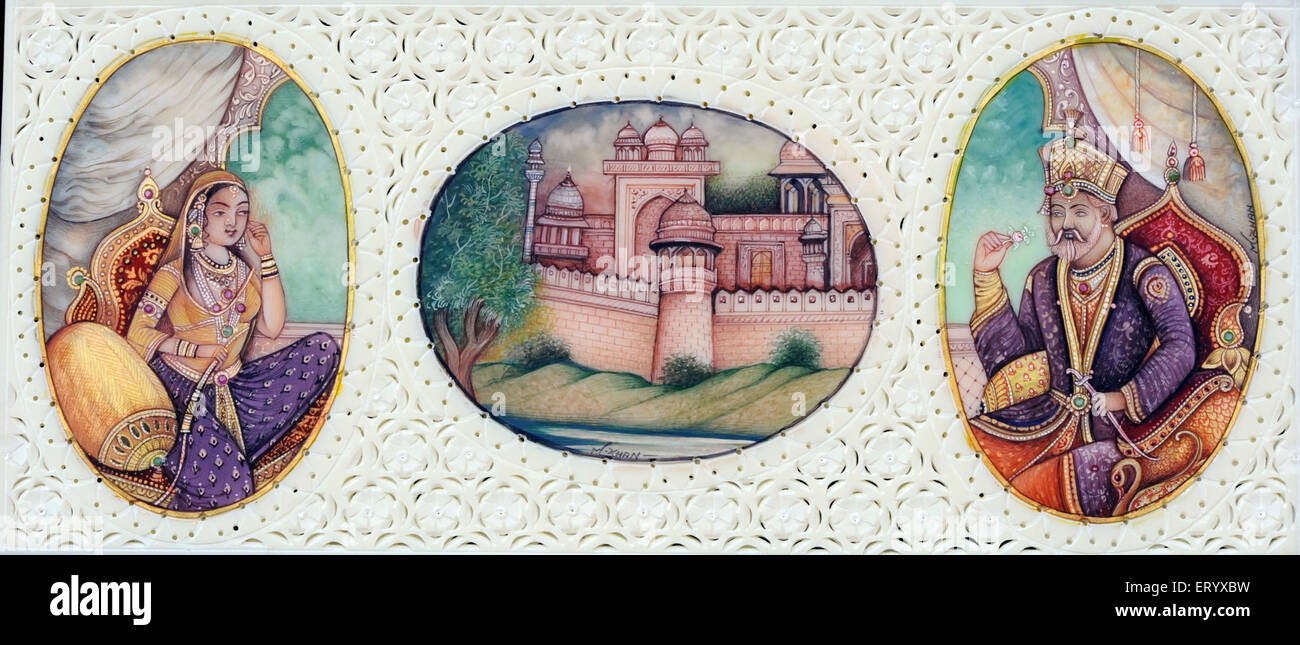 Miniature painting of Mughal Emperor Bahadur Shah Zafar With Wife ...