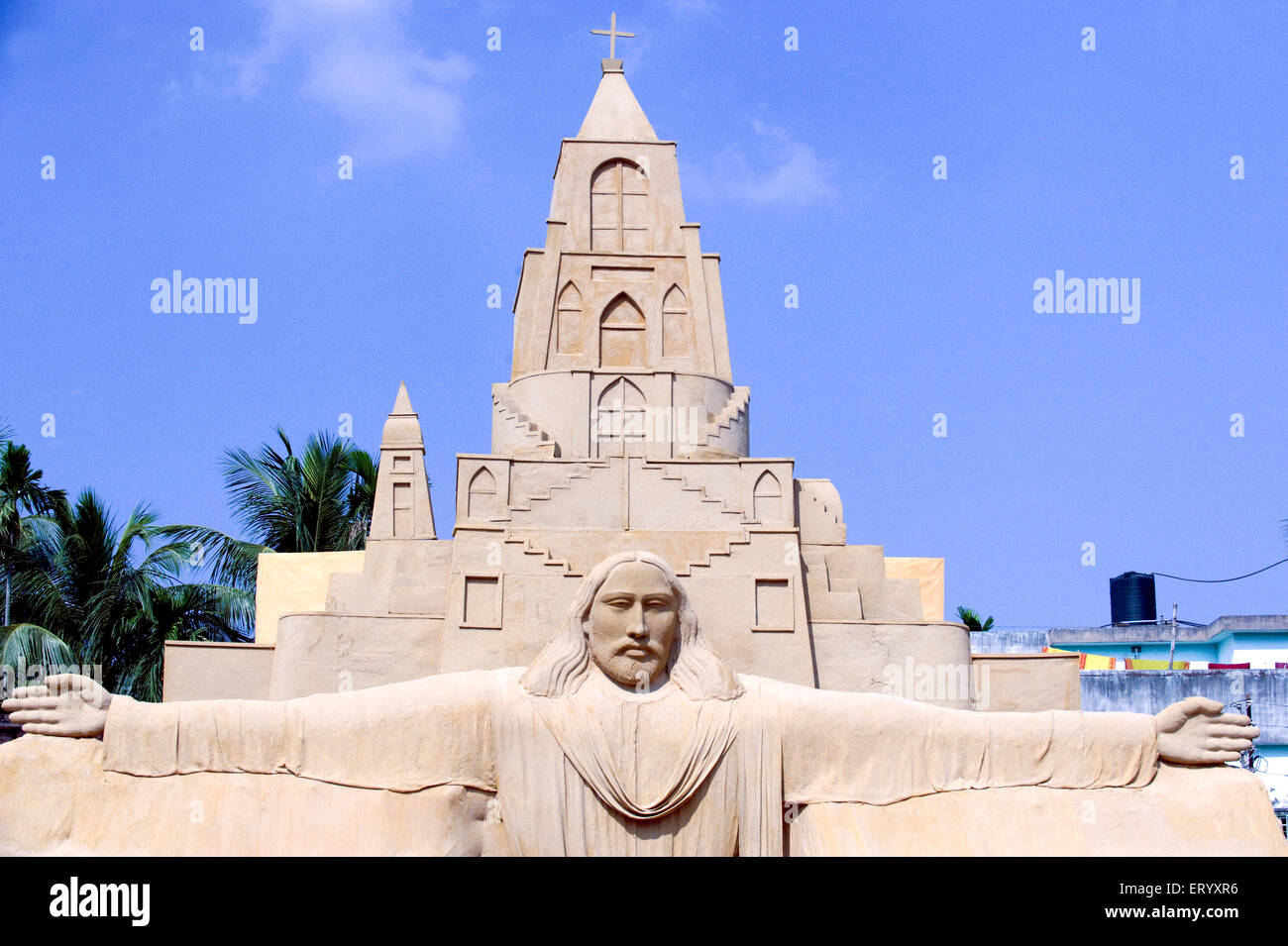 Lord Jesus Christ , sand sculpture , decoration of Durga Puja pavilion ...