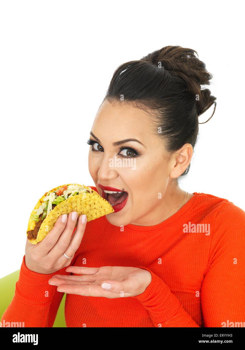 Confident Positive Happy Young Hispanic Woman Eating Mexican Style ...