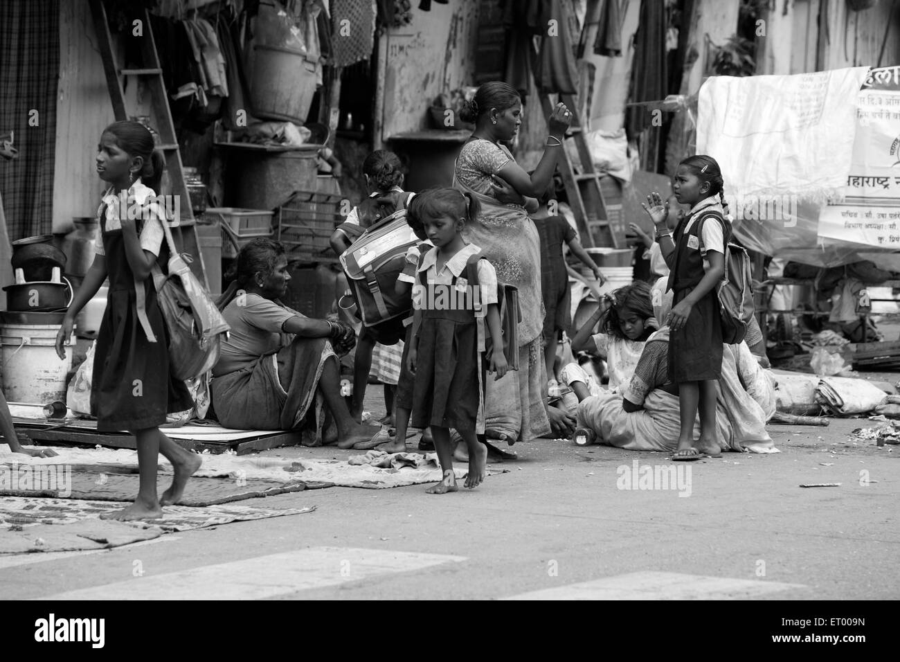 slum children going to school , Byculla slum , N M Joshi Road , Bombay ...
