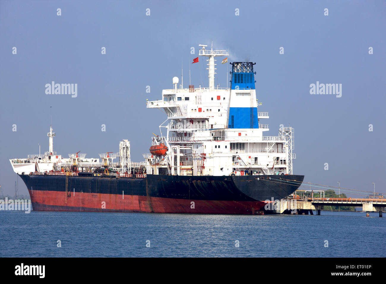 Oil tanker ship anchored Cochin Kochi harbour jetty Kerala India Asia ...