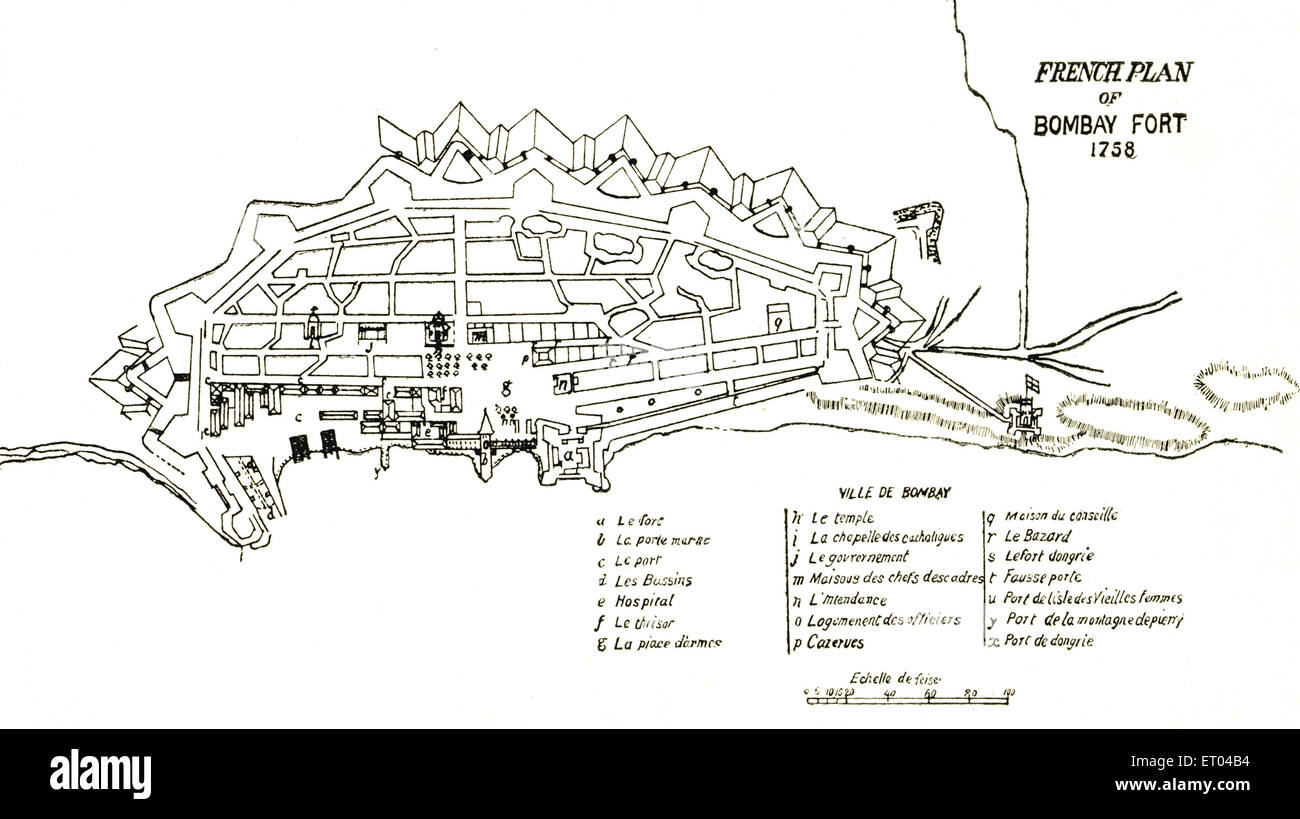 Bombay Map ; French plan of Bombay fort 1758 ; Mumbai ; Maharashtra ...