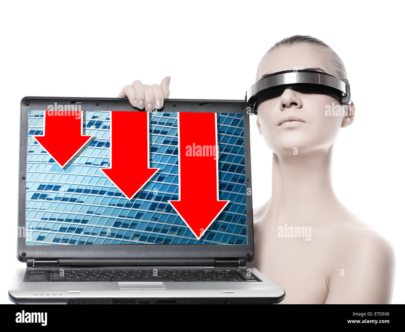 Beautiful cyber woman with a laptop computer. Red graphics going down ...