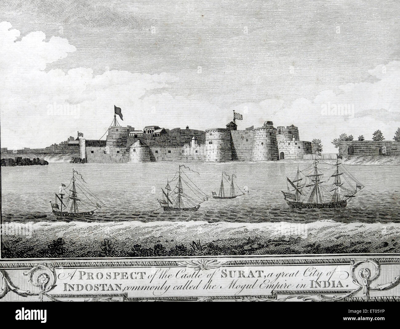 Prospect of castle of Surat, fort of Surat, Engraving, Gujarat, India ...