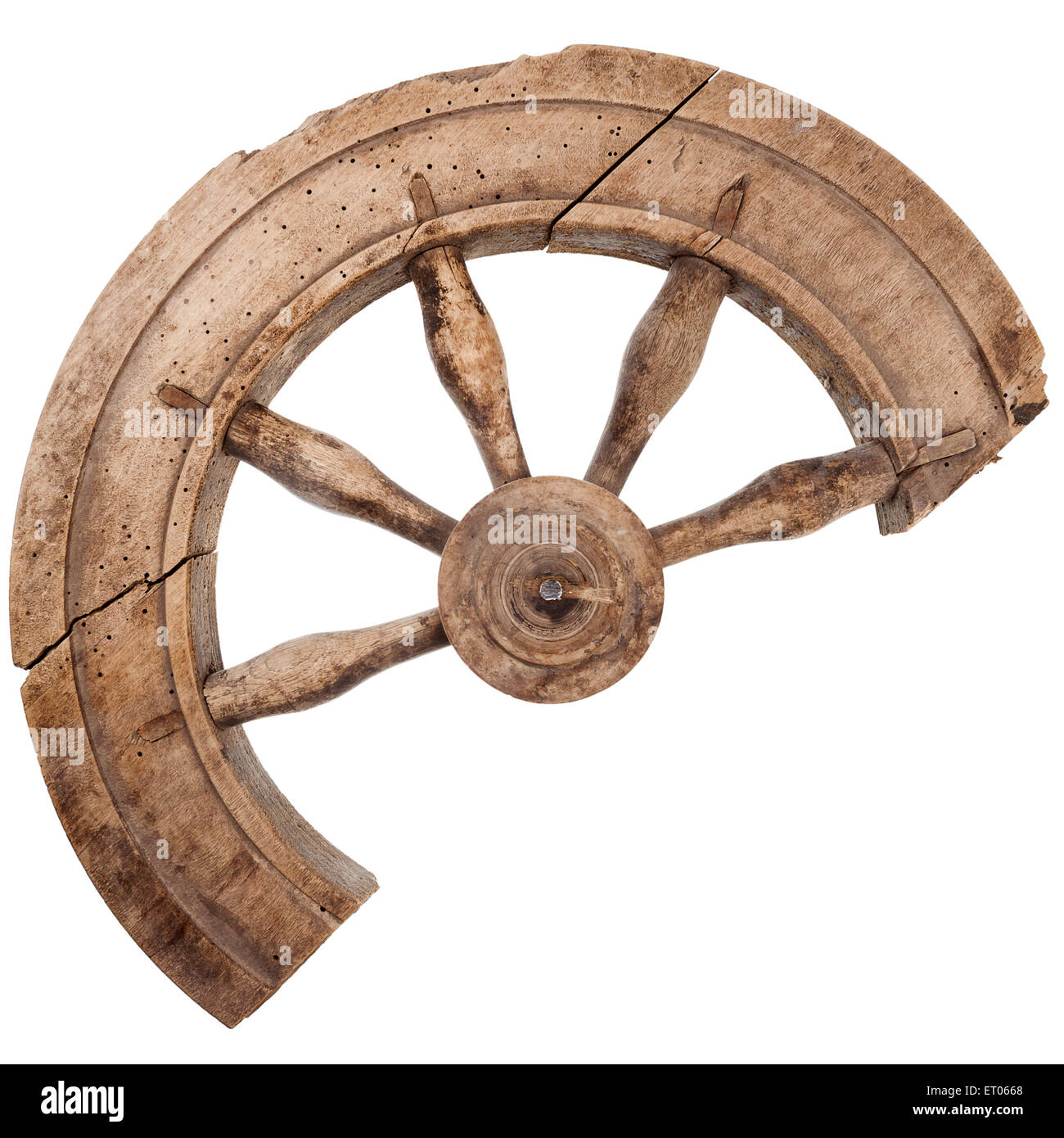 Broken wooden vintage spinning wheel isolated on white background Stock ...