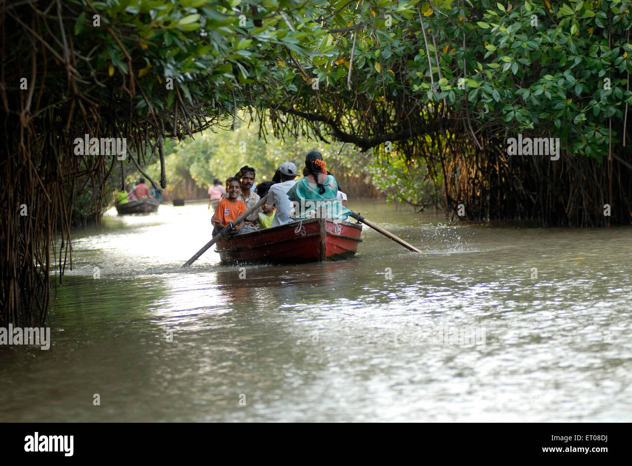 People travelling through boats in backwater near Pichavaram mangrove ...