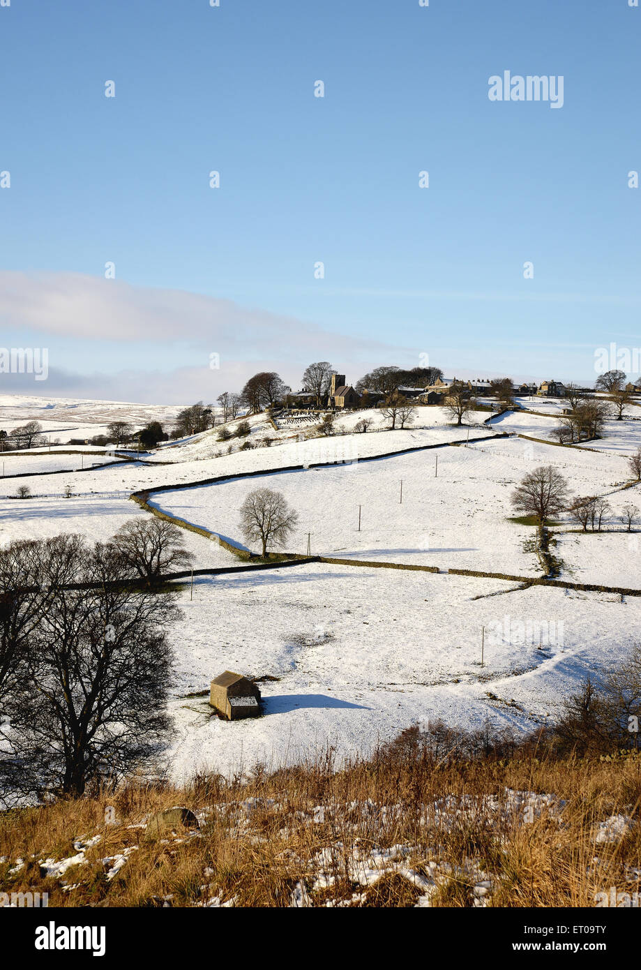 winter scene in West Riding Yorkshire showing Middlesmore village ...