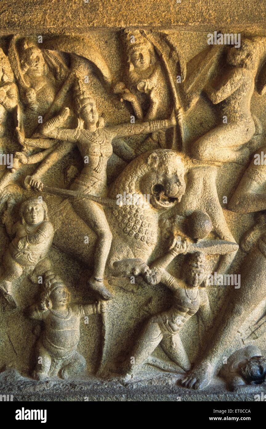 Statues in mahishamardini cave in Mahabalipuram Mamallapuram ; Tamil ...