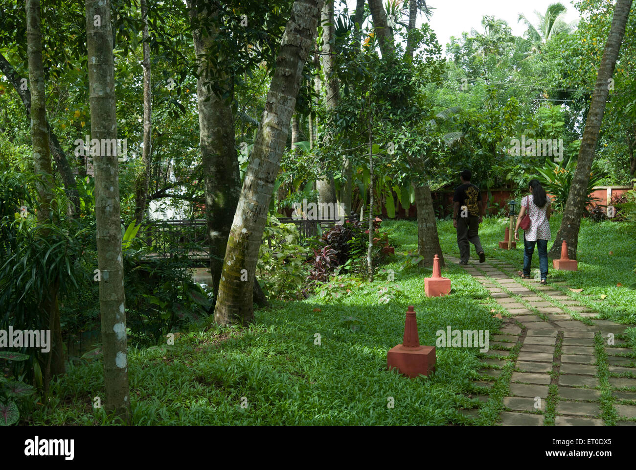 Couple walking on path in heritage lake resort ; Kuttanad ; Alleppey ...