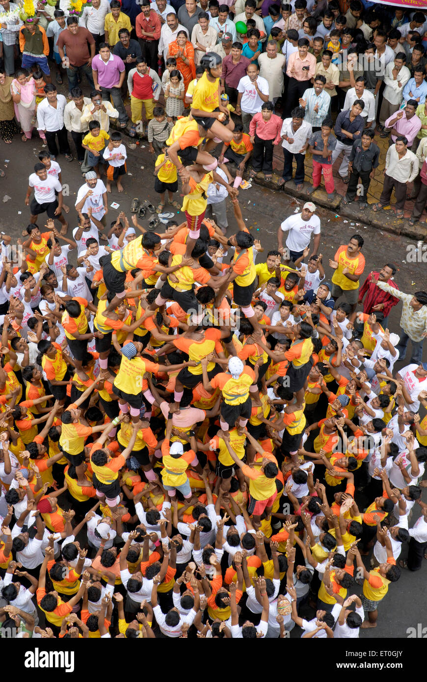 Aerial view of human pyramid ; Dahikala ; Janmashtami janmashtmi gokul ...