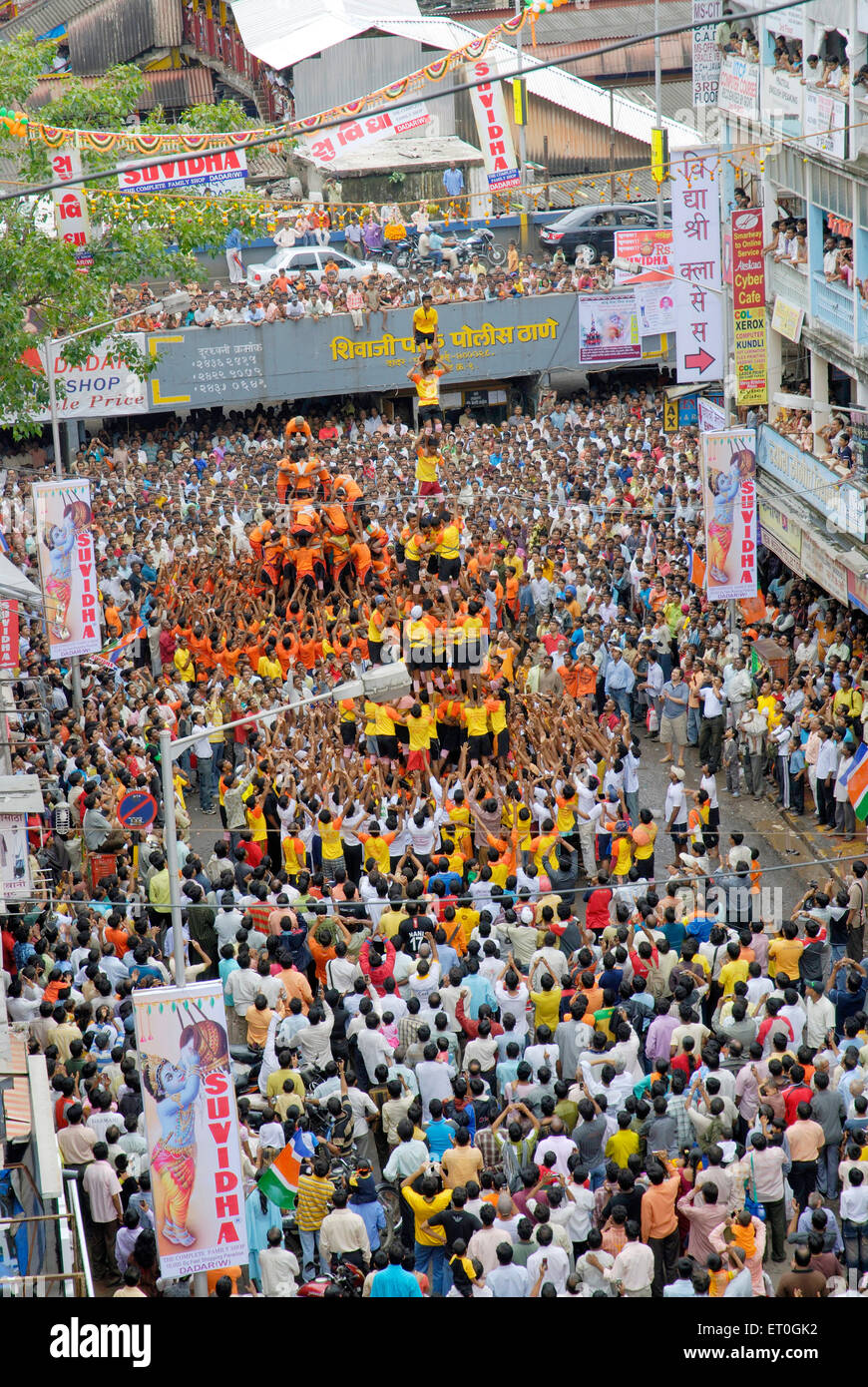 Aerial view of human pyramid ; Dahikala ; Janmashtami janmashtmi gokul ...