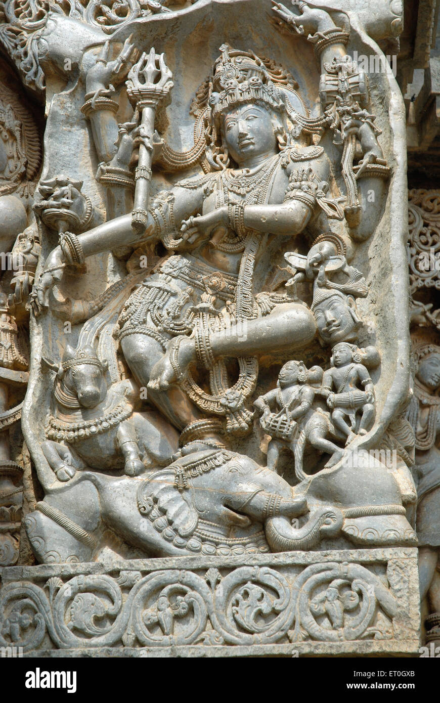 Statue of lord Shiva dancing inside stomach of elephant at Shiva temple ...