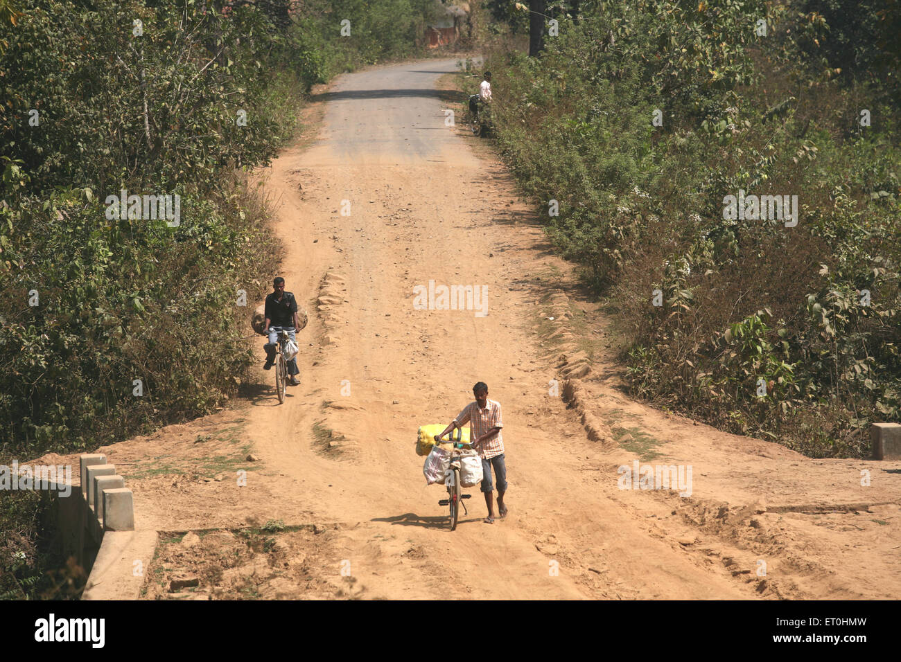 man walking with cycle on village dirt road, Ranchi, Jharkhand, India ...