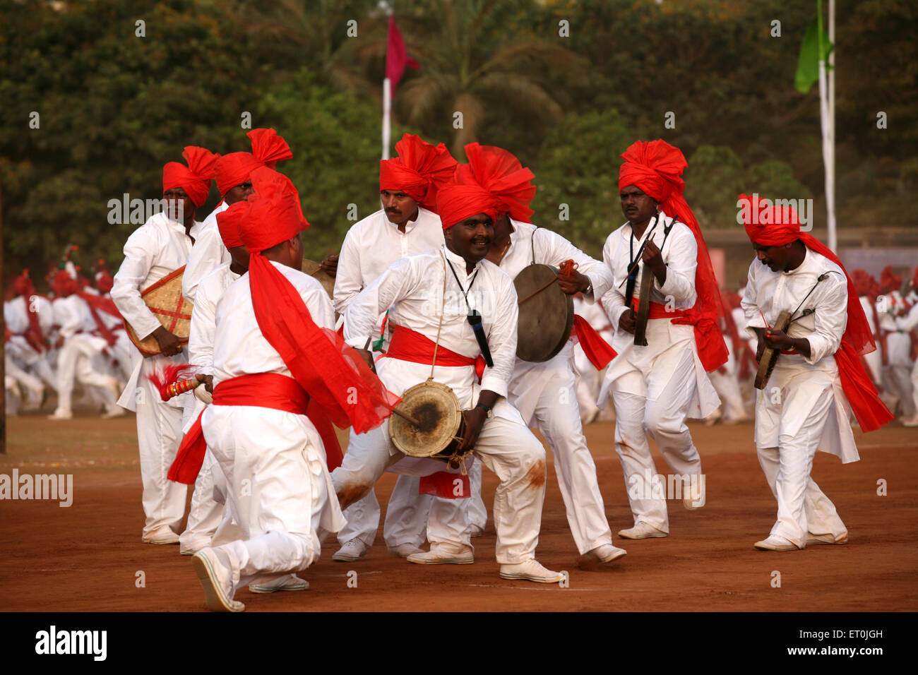 Police men in traditional attire performing Lejhim on 1 May Maharashtra ...