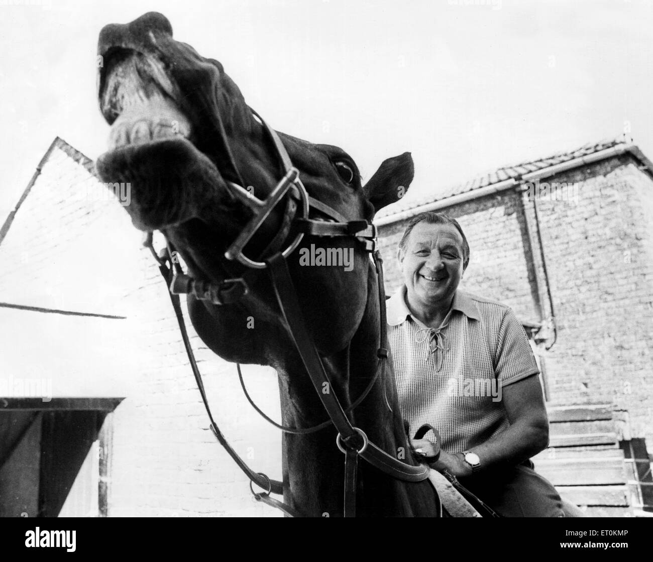 Liverpool manager Bob Paisley pictured on a racehorse at a racing ...
