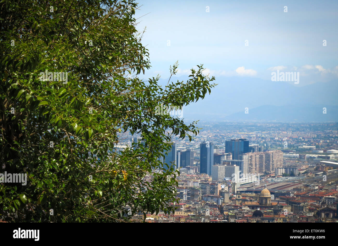 Cityscape of Naples, Italy. Green tree on the left side of photo ...