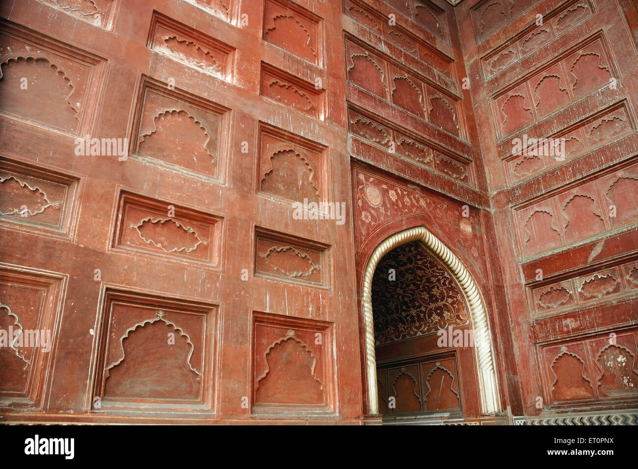 Carved stone work on wall of masjid enclosure Taj Mahal ; Agra ; Uttar ...