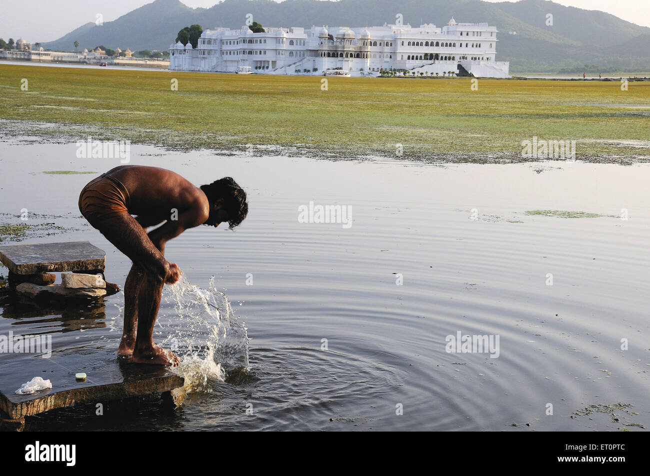 Man bathing ; Pichola Lake ; Udaipur ; Rajasthan ; India Stock Photo ...
