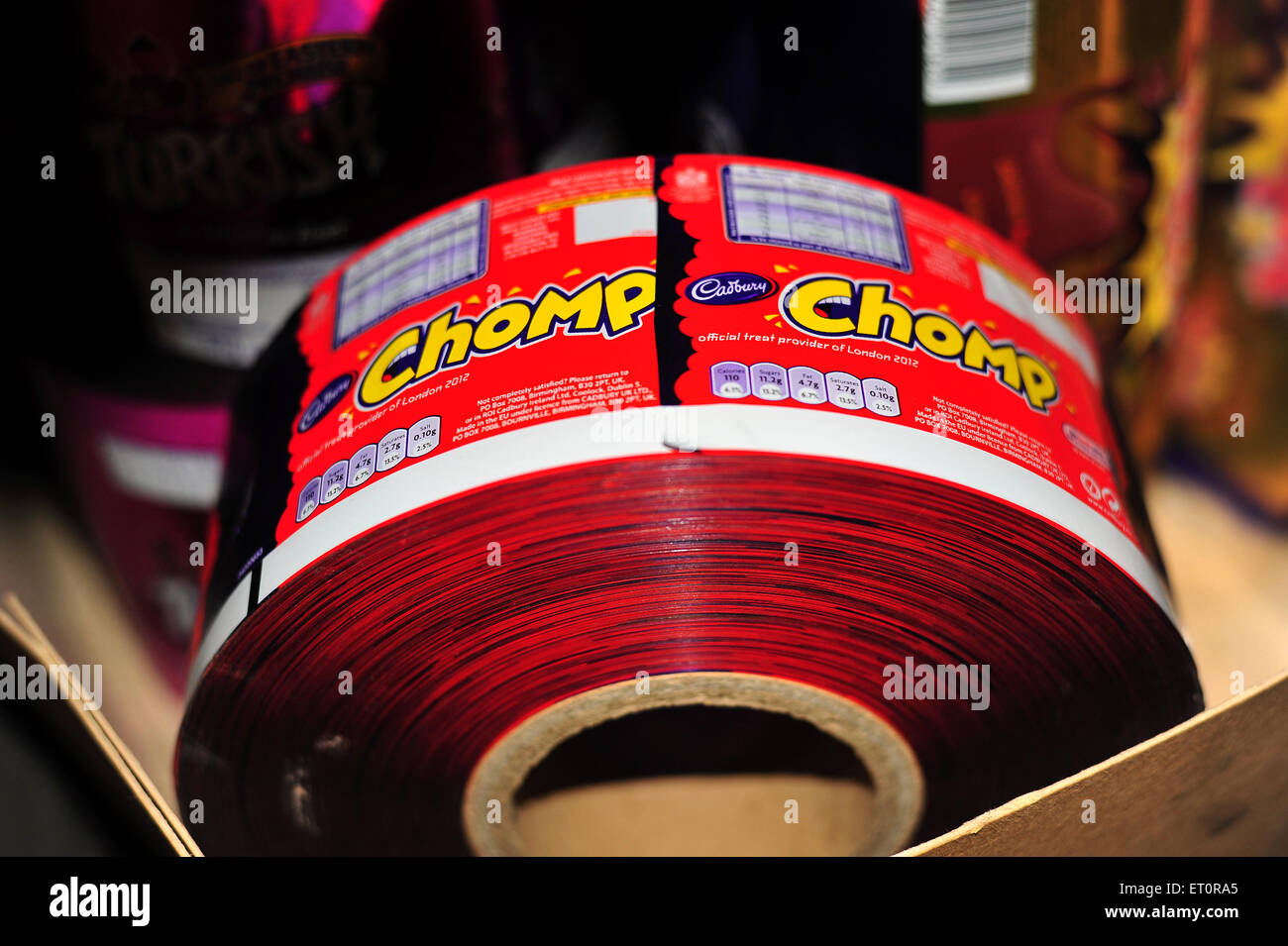 A roll of Cadbury Chomp chocolate bar wrappers in the storage warehouse ...
