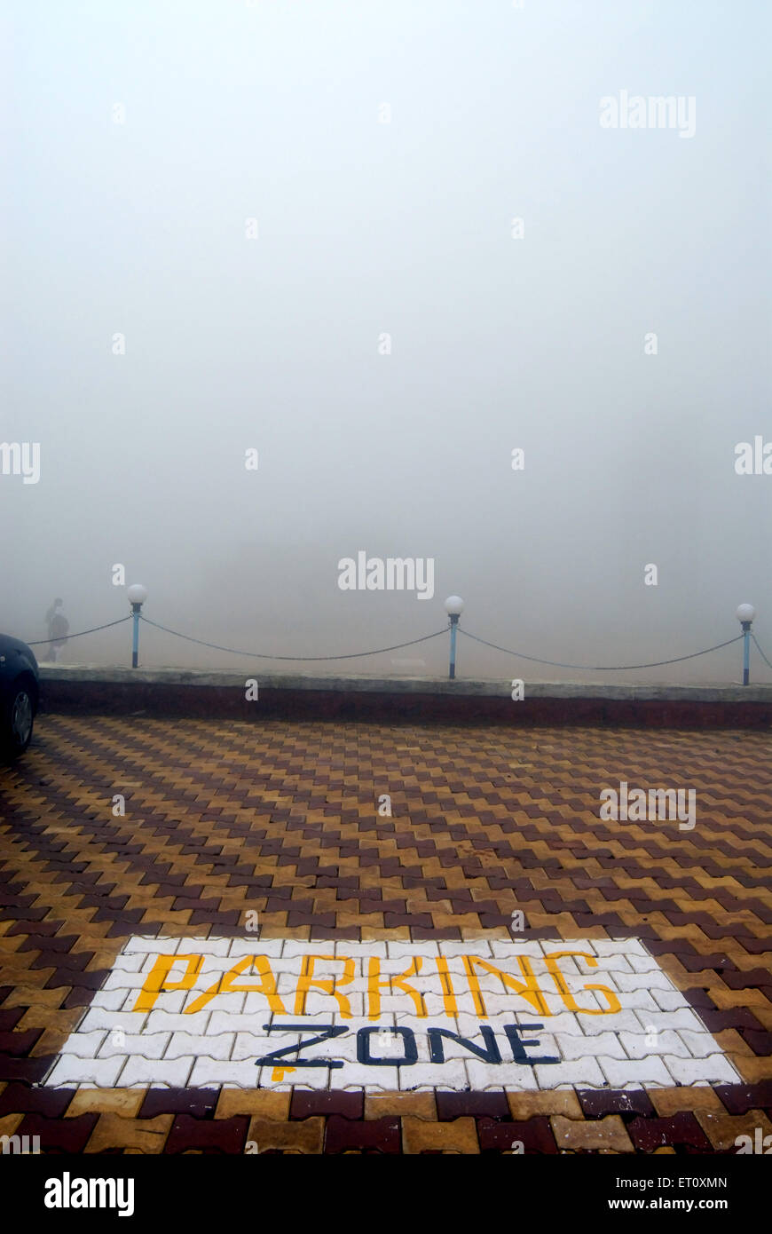 Parking zone sign in mist at Malshej Ghat ; Maharashtra ; India ; Asia ...