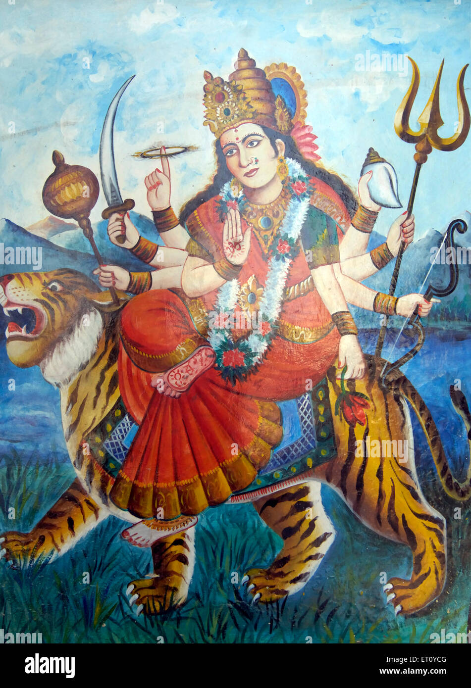 painting of goddess Durga riding on tiger - nmk 160985 Stock Photo - Alamy