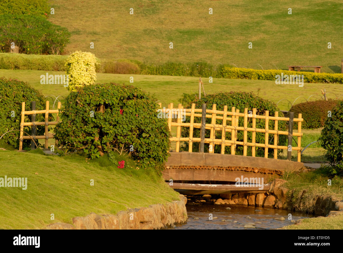 Bridge with bamboo railing ; Okayama friendship garden or P. L ...