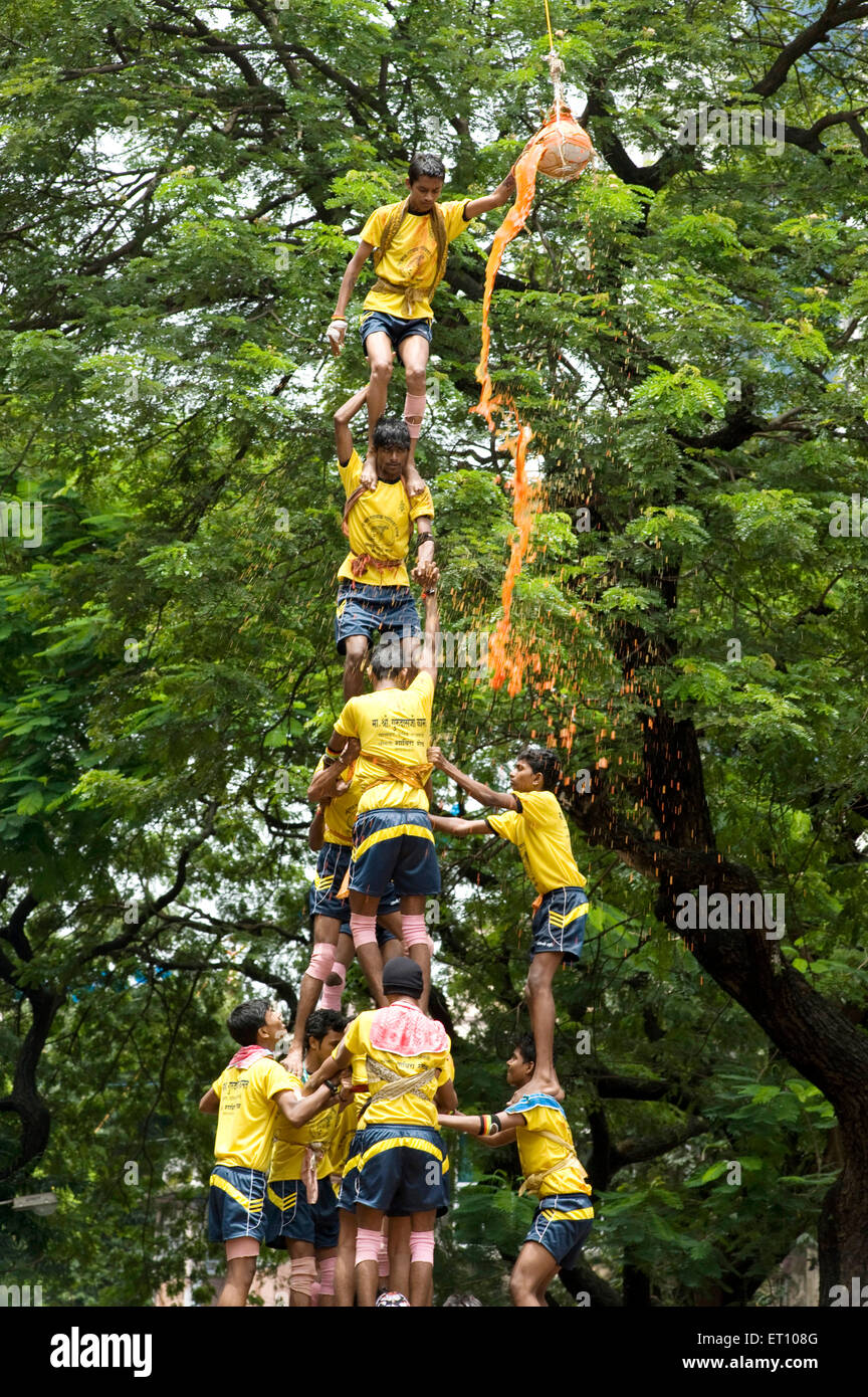 Human pyramid broken dahi handi shower of curd and turmeric water on ...