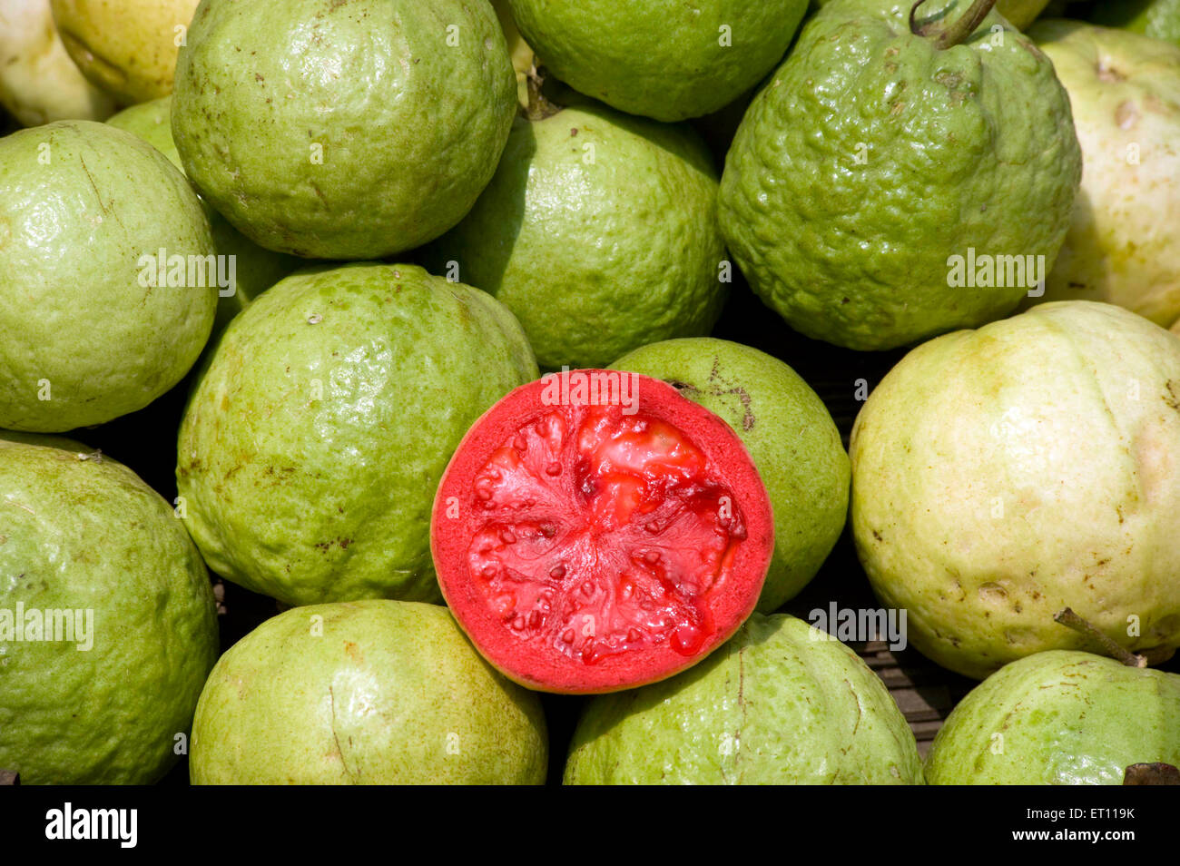 Guava fruit, red guava fruit, cut guava fruit, Psidium guajava ...