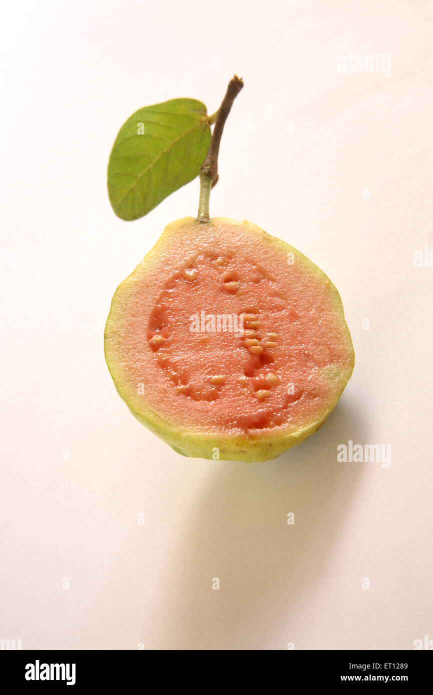 Fruits ; amrood half guava psidium guyava with green leaf on white ...