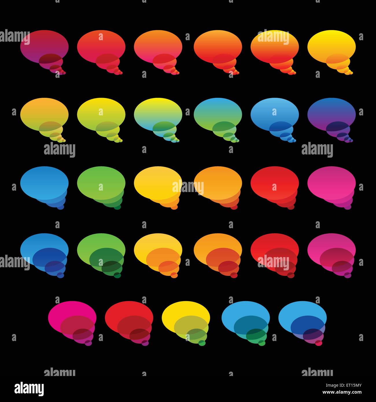 Rainbow colorful transparent chat bubbles set on black background. RGB ...