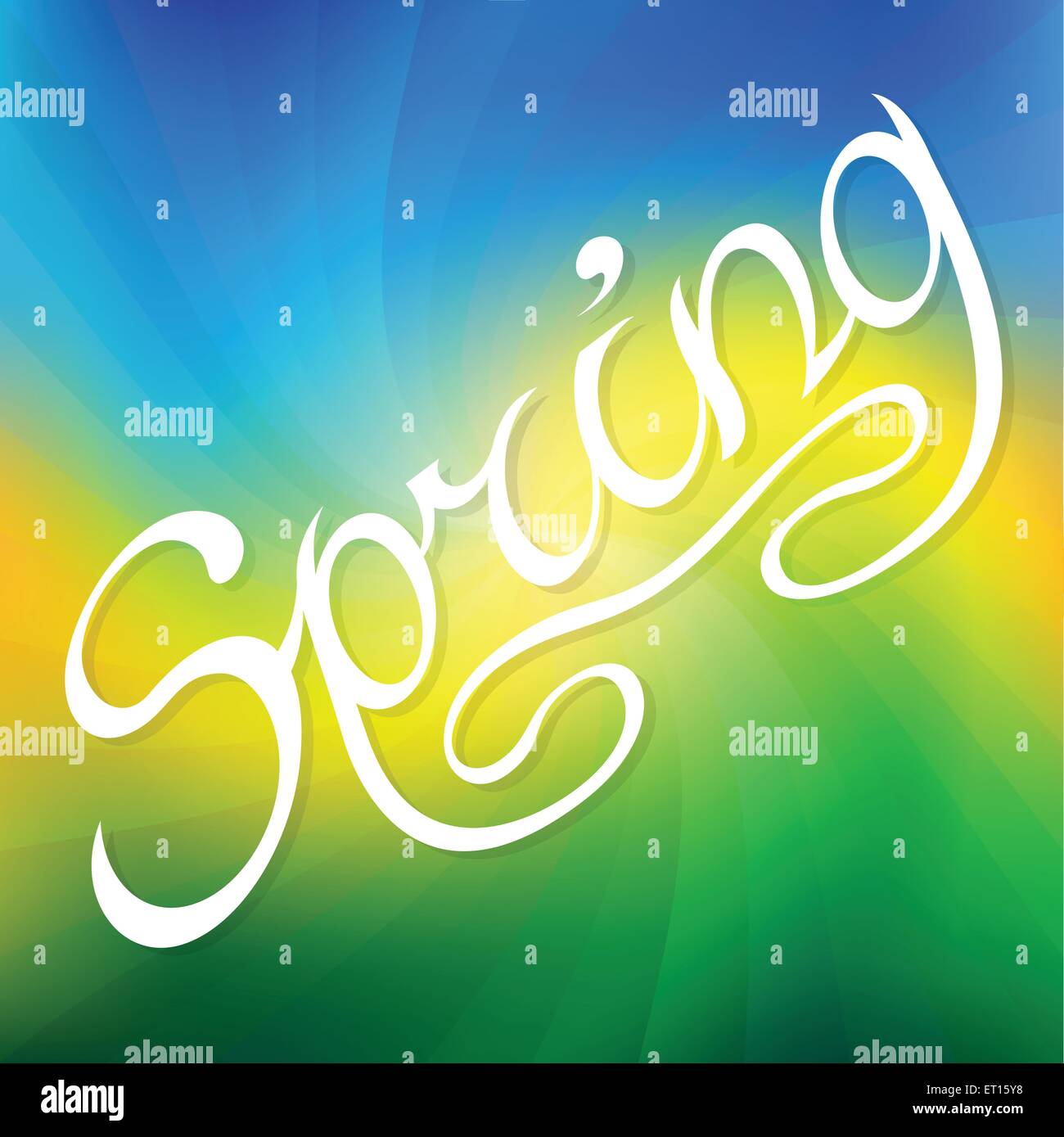 Hand drawn word SPRING lettering on colorful warped stripes background ...