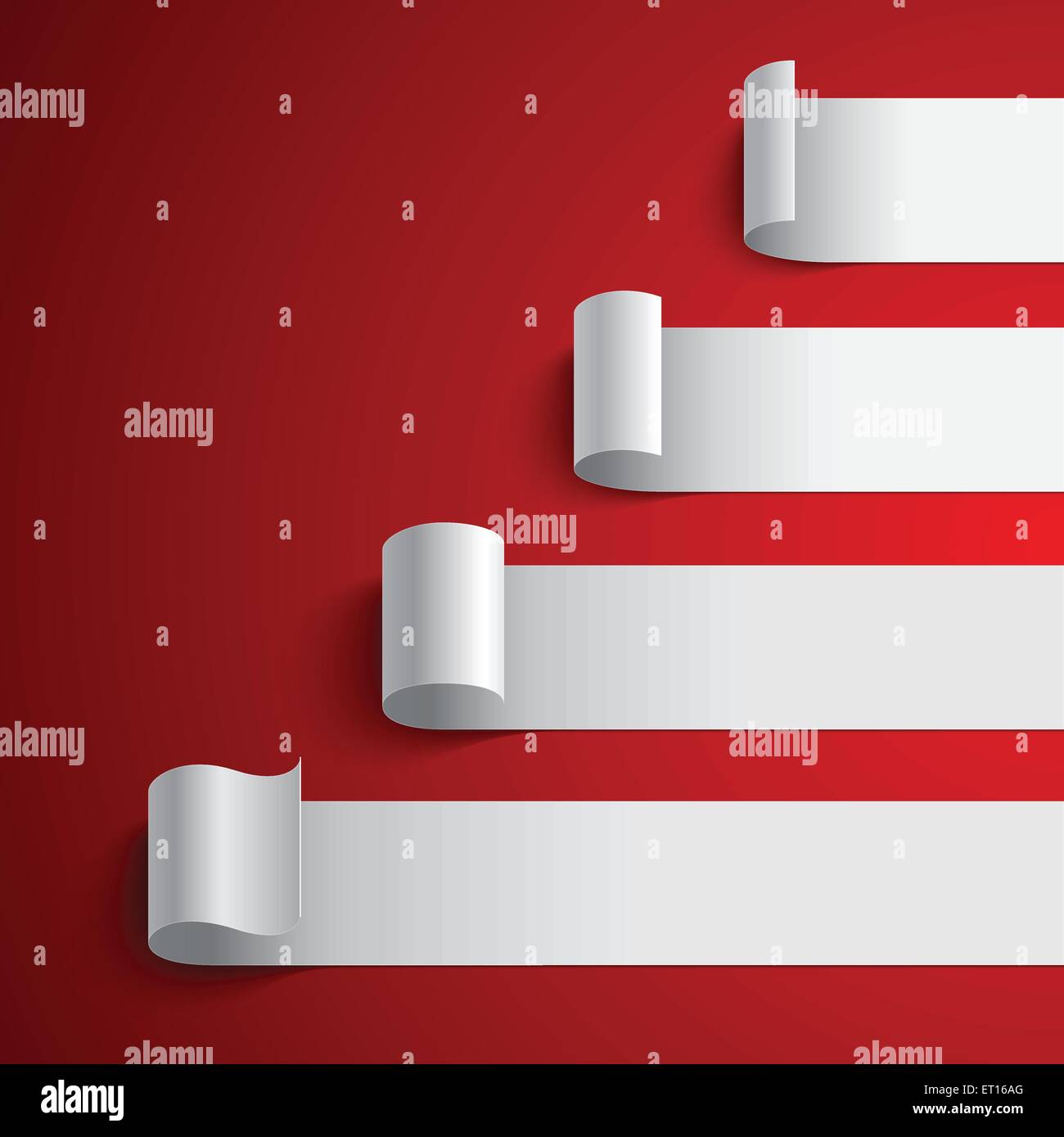 Curled blank white paper stripe banners chart on dark red background ...