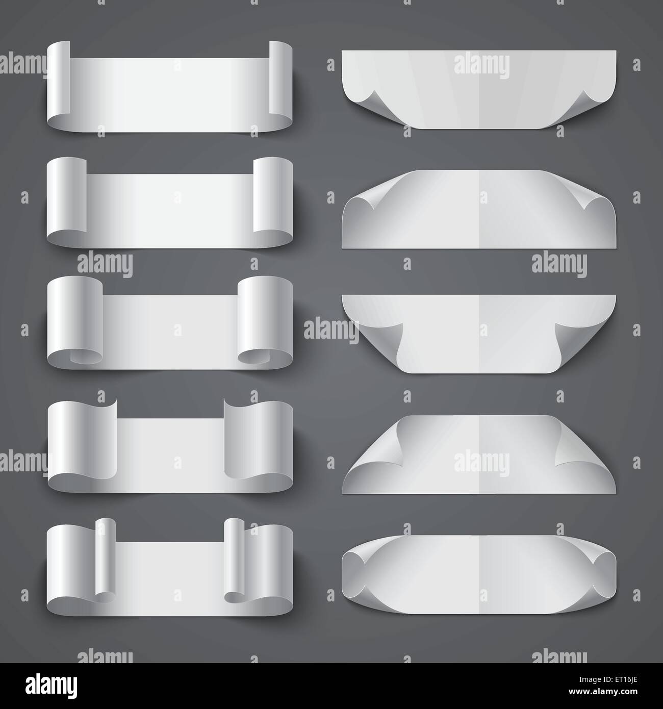 Set of curled blank paper banners with shadows on gray background. RGB ...