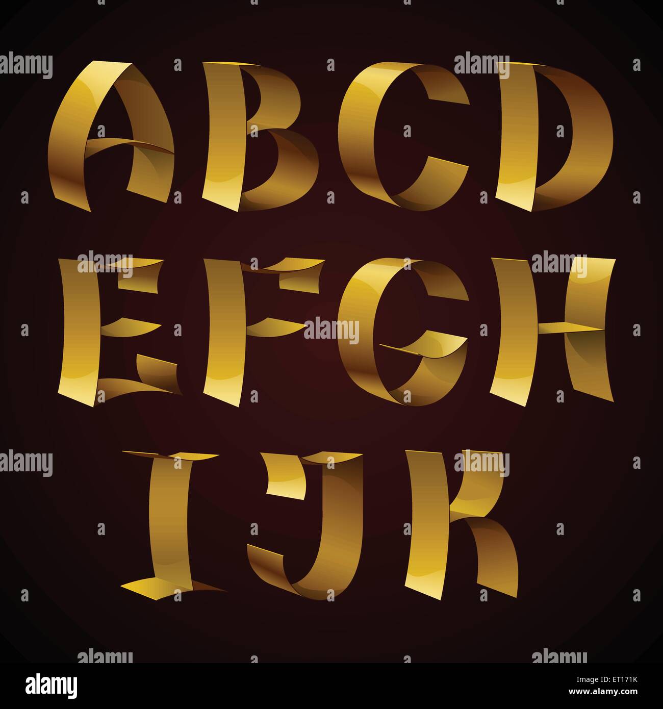 Set of isolated golden shiny ribbon font A-K letters. RGB EPS 10 vector ...